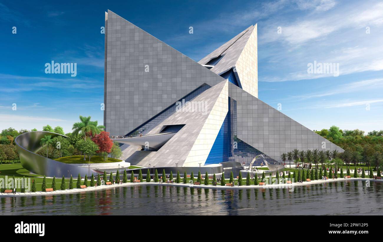 Futuristic architecture illustration with an origami-shaped building ...