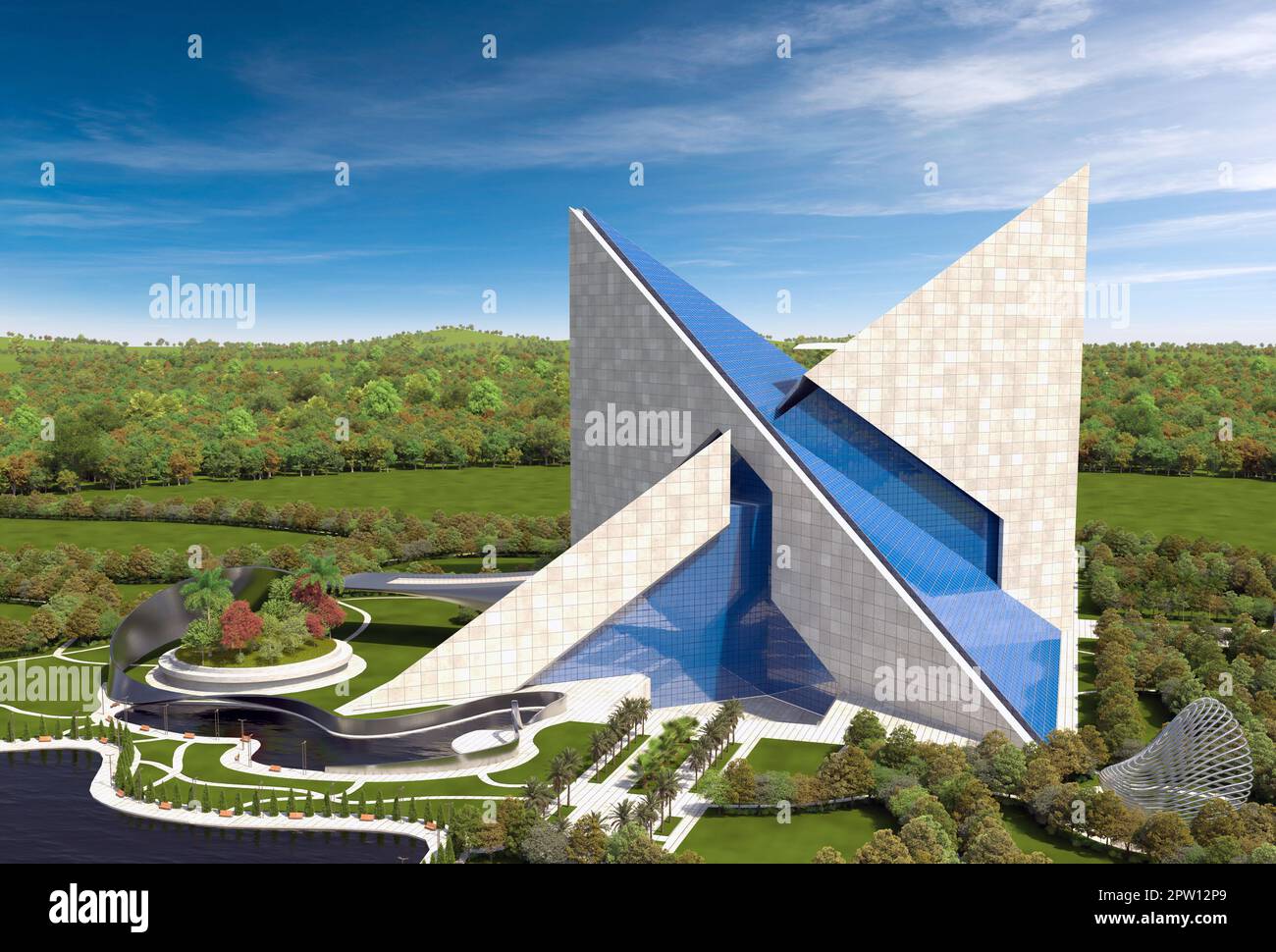 Futuristic architecture illustration with an origami-shaped building ...