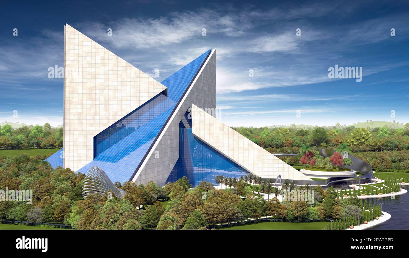 Aerial view illustration of a futuristic building with interlocked ...