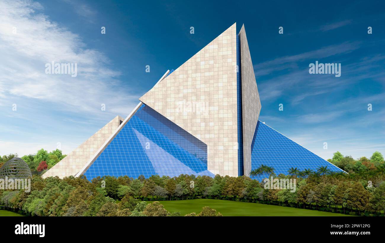 Futuristic architecture illustration with an origami-shaped building ...