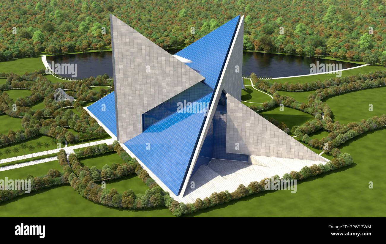 Aerial view illustration of futuristic architecture with interlocked ...