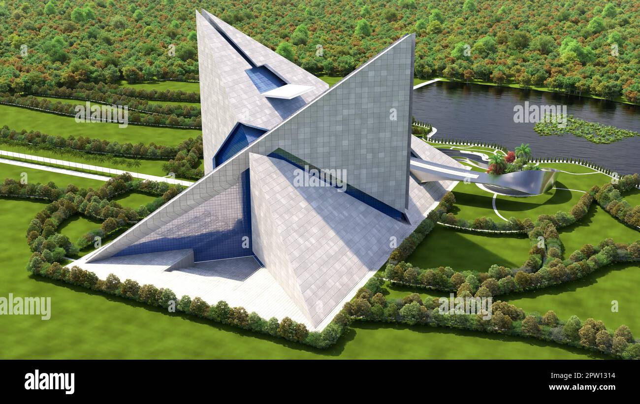 Futuristic architecture illustration with an origami-shaped building ...
