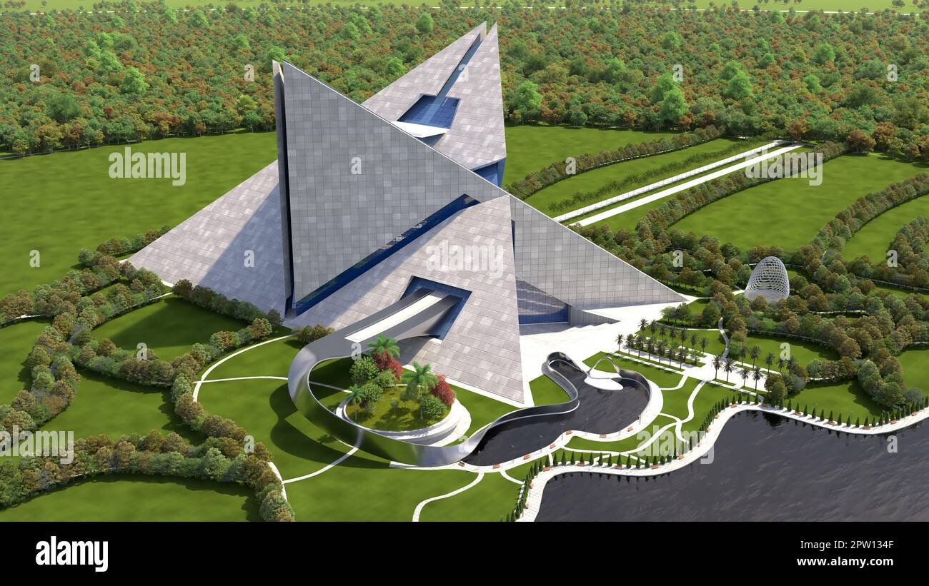 Futuristic architecture illustration with an origami-shaped building ...