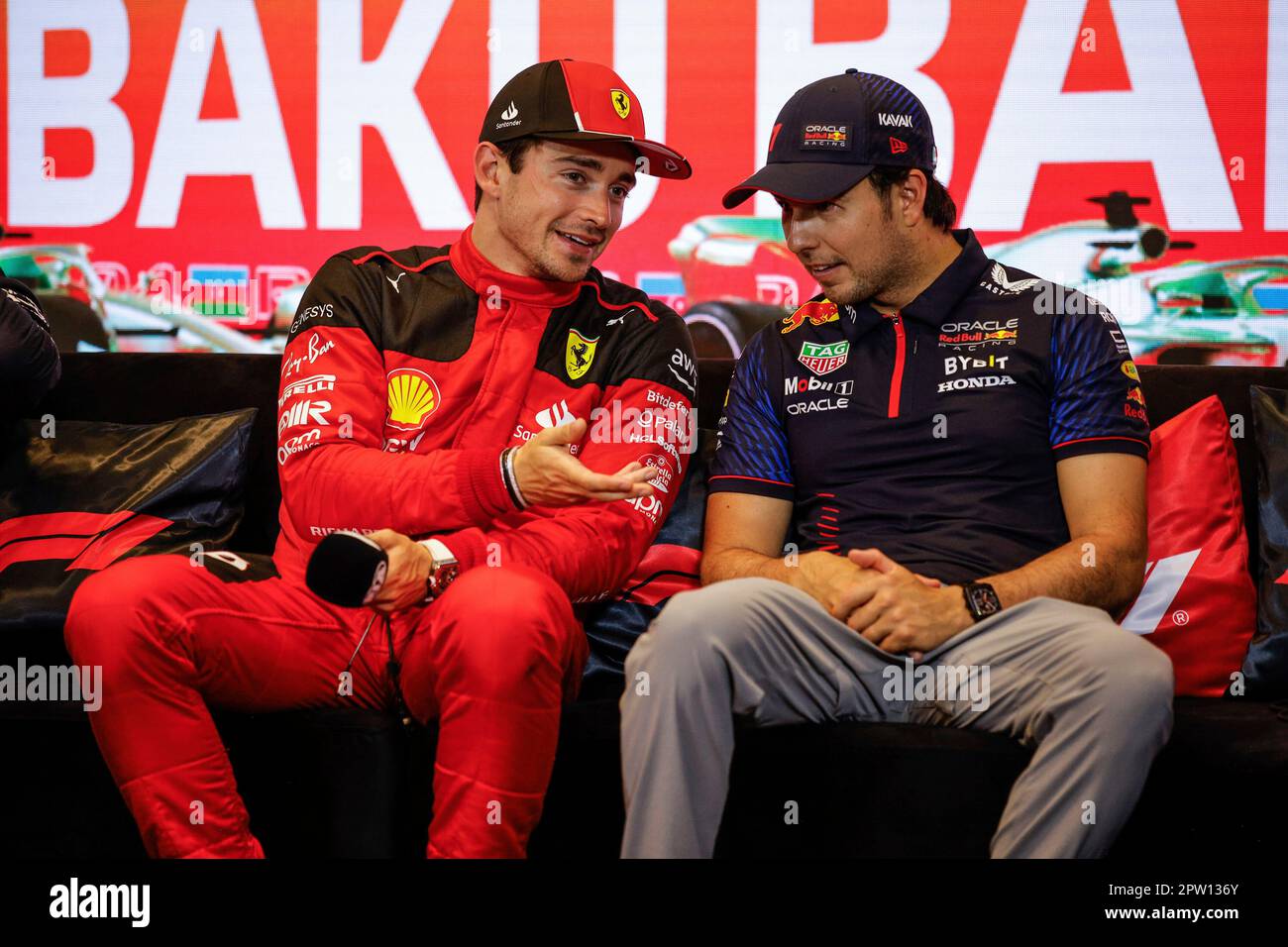 Baku, Azerbaijan. 28th Apr, 2023. #16 Charles Leclerc (MCO, Scuderia Ferrari), #11 Sergio Perez ...