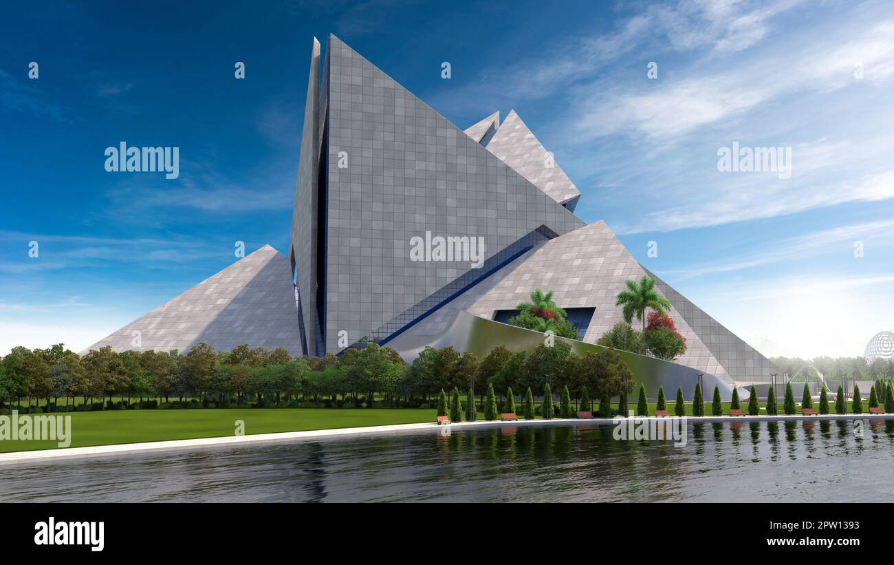 Futuristic architecture illustration with an origami-shaped building ...