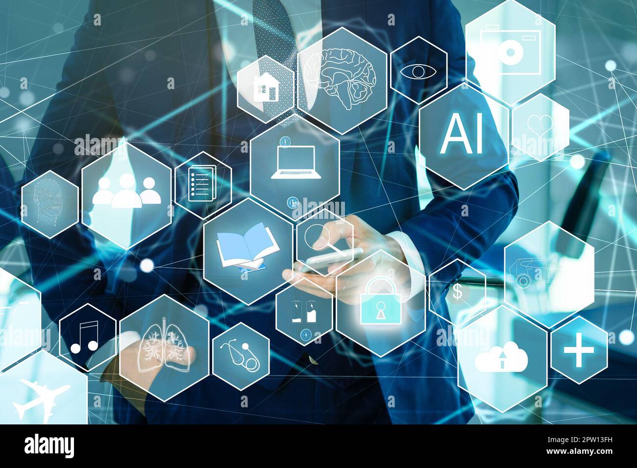 Ai tech, businessman show virtual graphic Global Internet connect Chatgpt Chat with AI ...