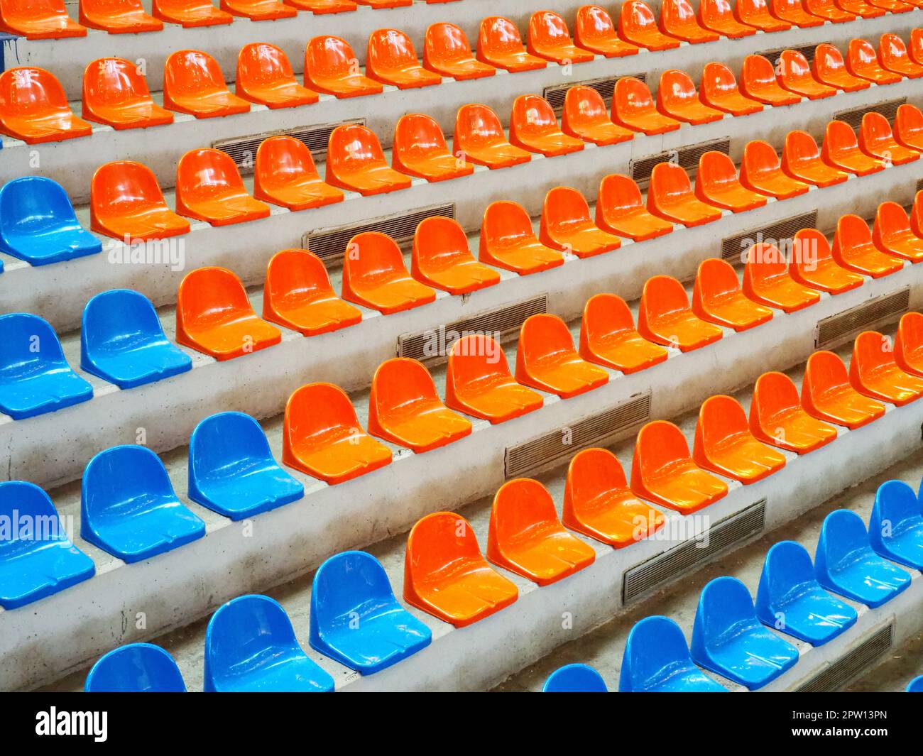 Bleachers, empty seats in the stands of the arena or auditorium. Rows ...