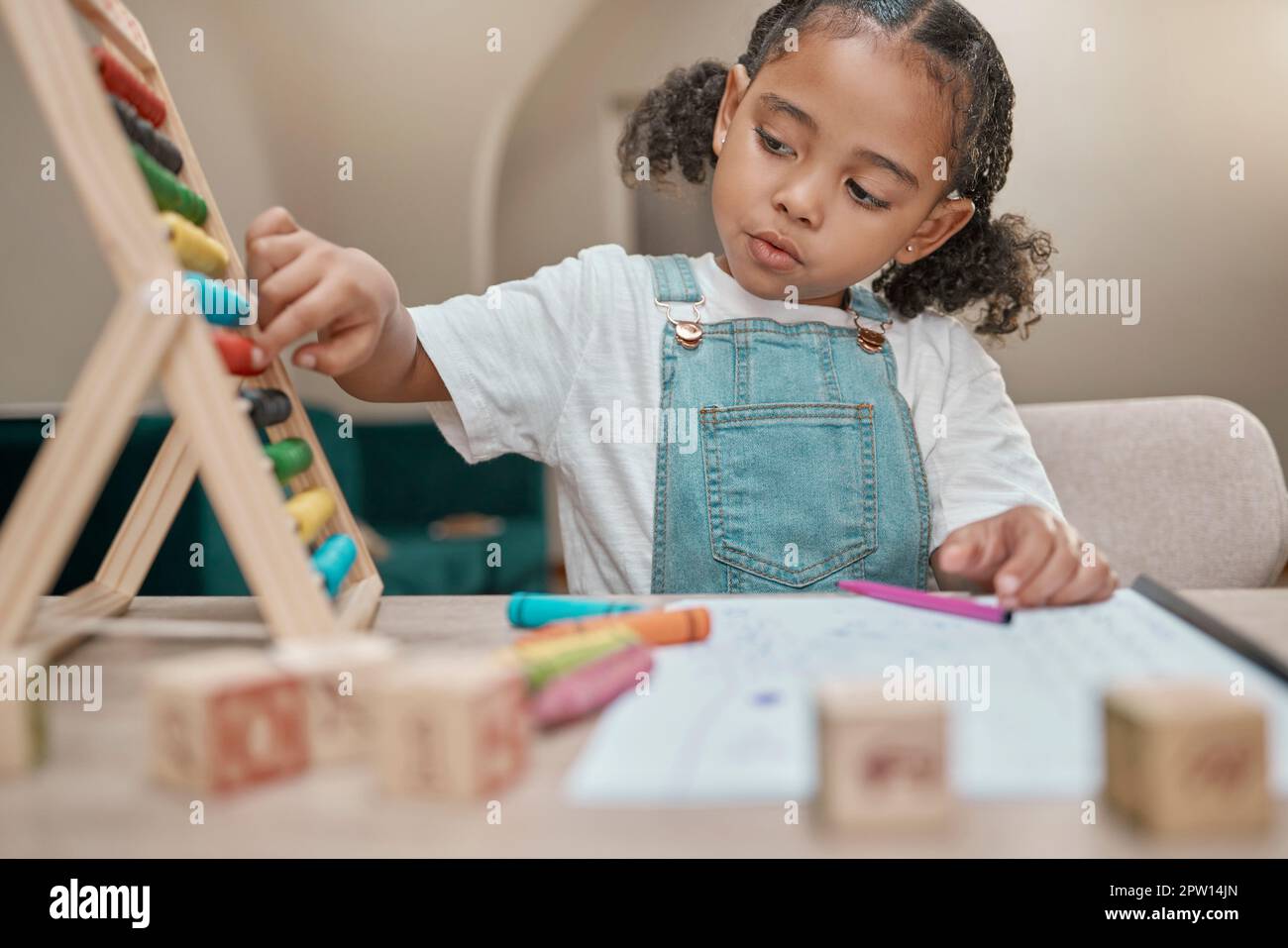 Girl, math study or homeschool abacus in lockdown homework, mathematic ...