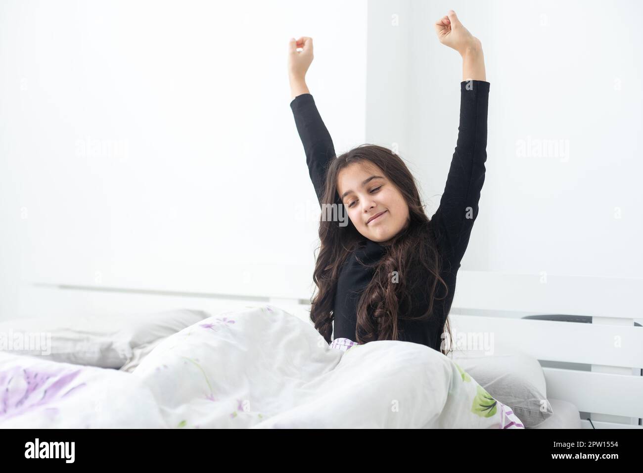 people, bedtime and rest concept - happy smiling teenage girl ...