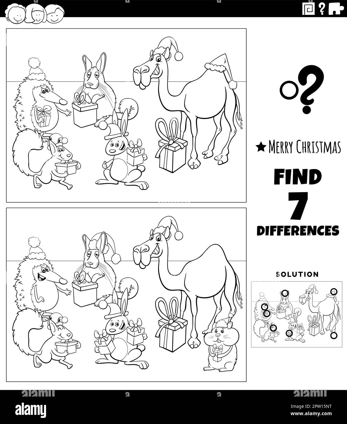 differences game with animals on Christmas time coloring page Stock ...