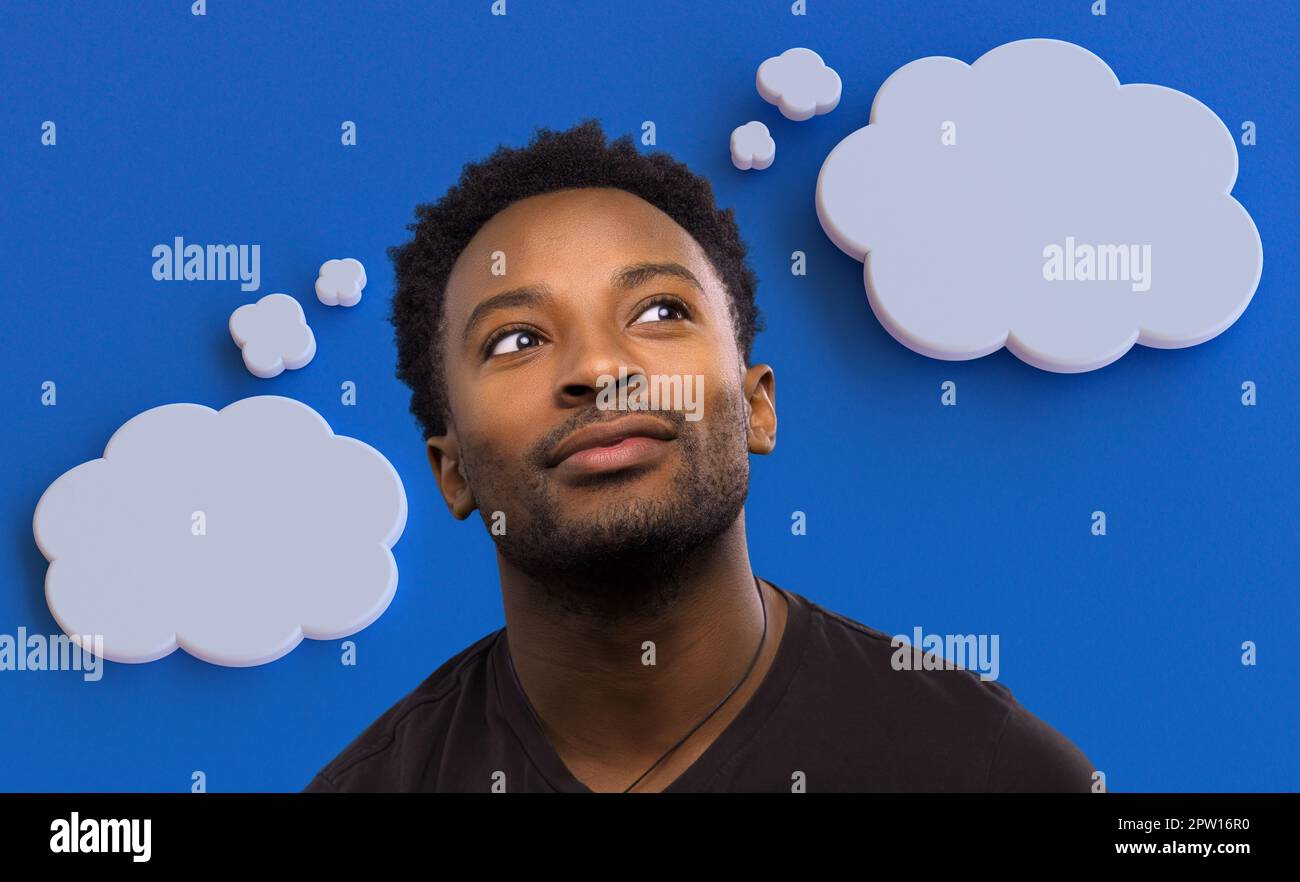 man thinking two thought clouds idea decision choice solution white ...