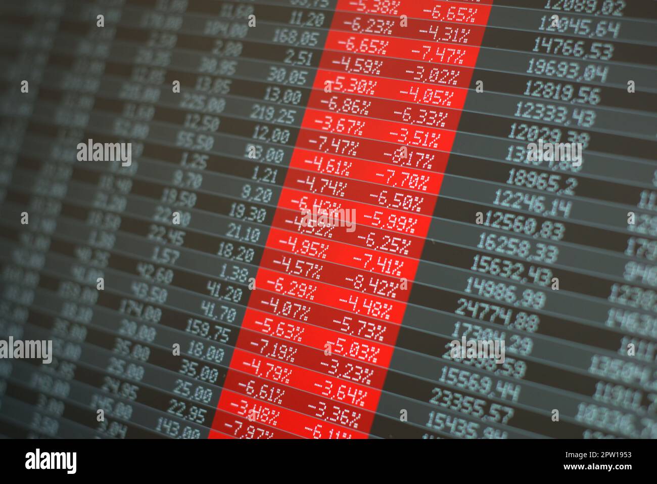 Stock market crash, panic. Computer screen showing red negative numbers ...