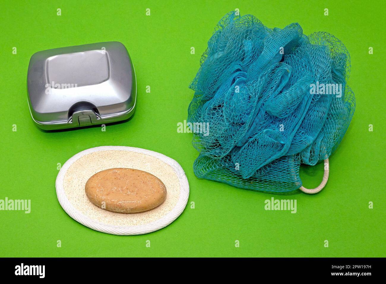Soap next to plastic box and body scrub sponge for exfoliating body ...