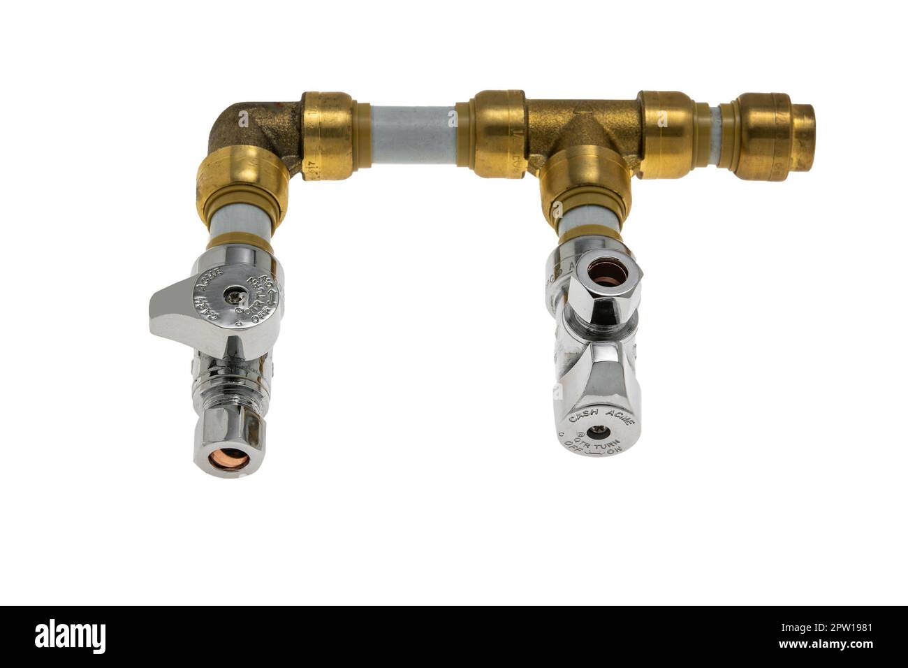 Fragment of connecting two taps to the plumbing system isolated against ...