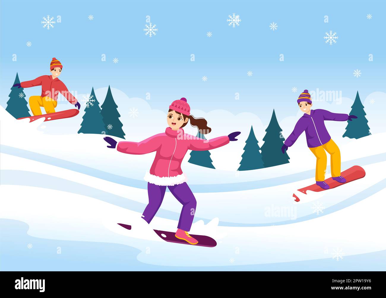 Snowboarding with People Sliding and Jumping on Snowy Mountain Side or ...
