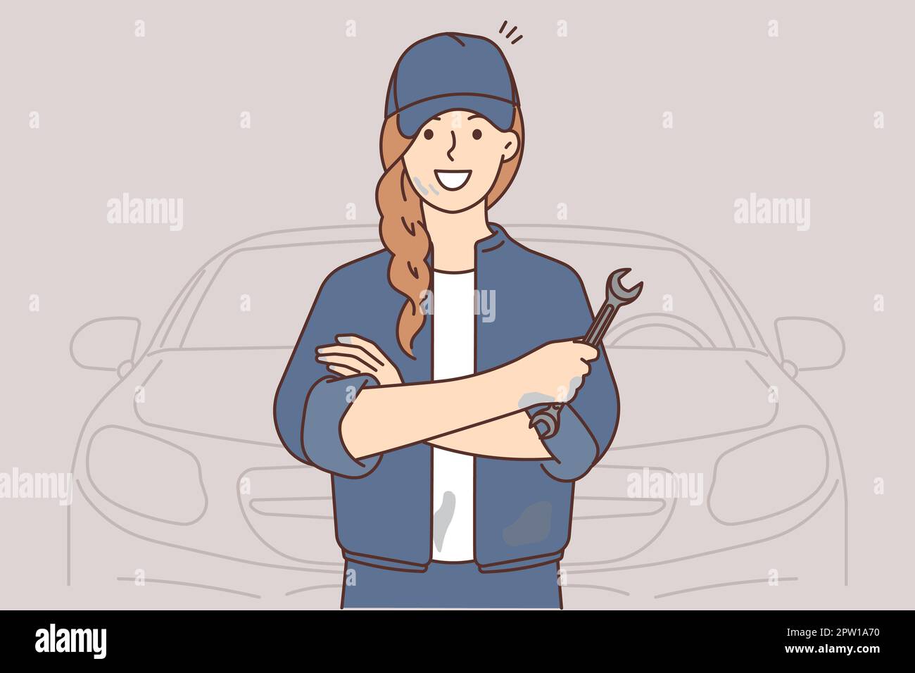 Smiling woman technician with tool in hands repairing automobile. Happy ...