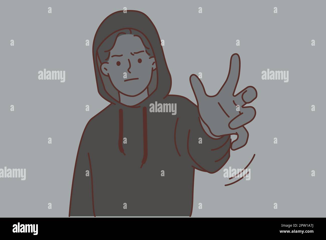 Suspicious man in hoodie stretch hand try get something from people ...