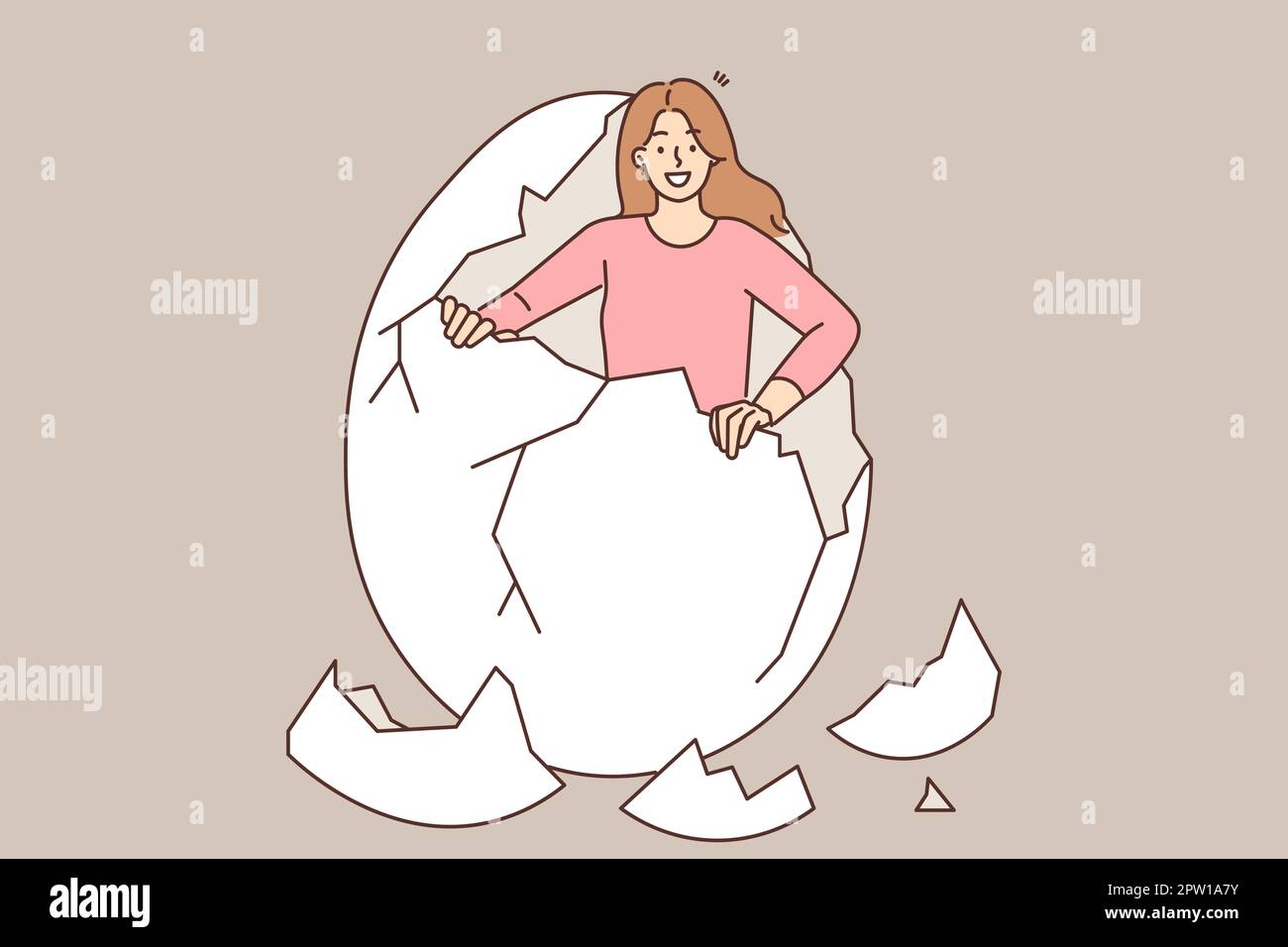 Smiling young woman break shell take out of egg. Happy girl born from ...