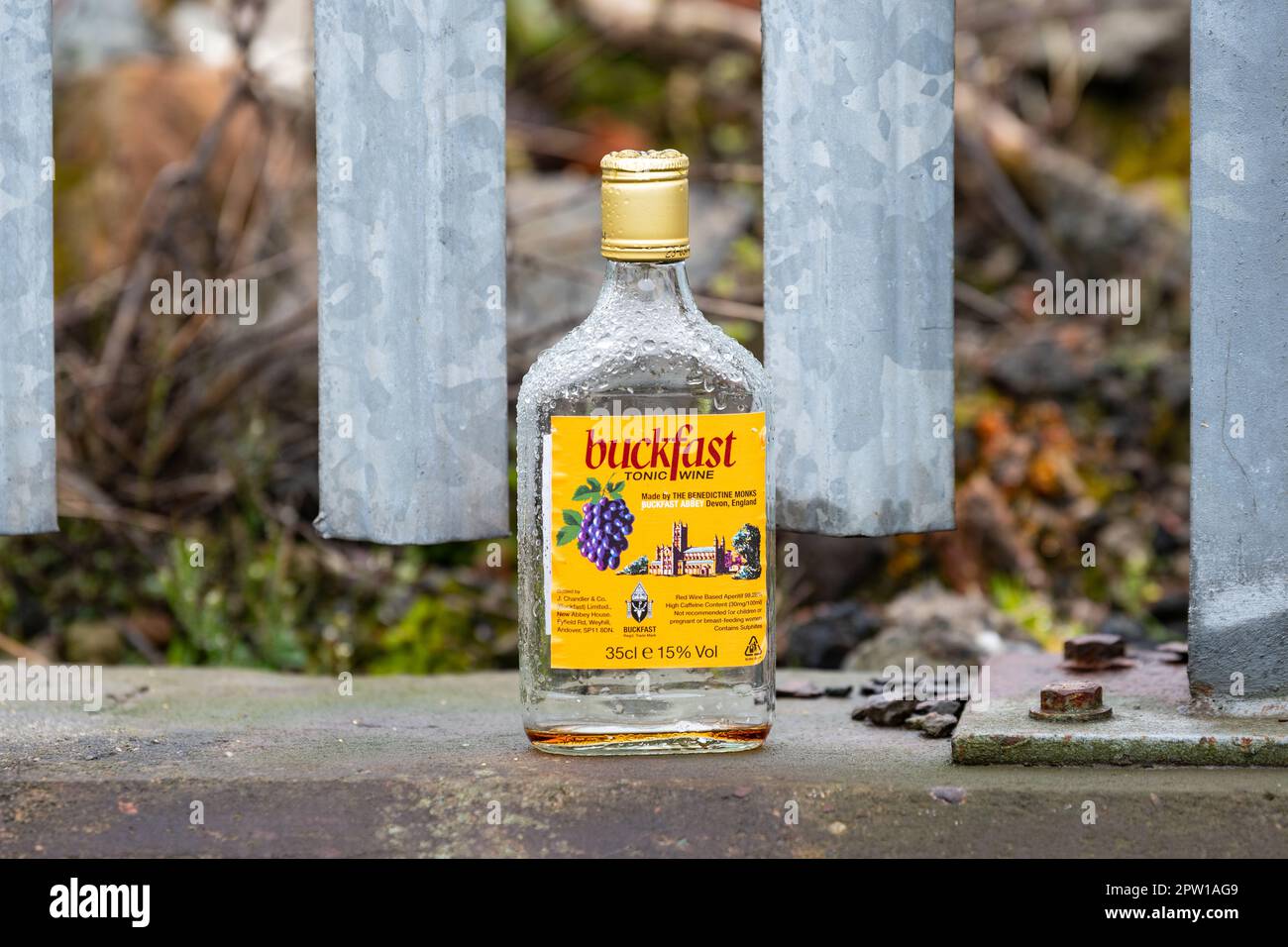 Empty Buckfast tonic wine bottle, Glasgow, Scotland, UK Stock Photo - Alamy