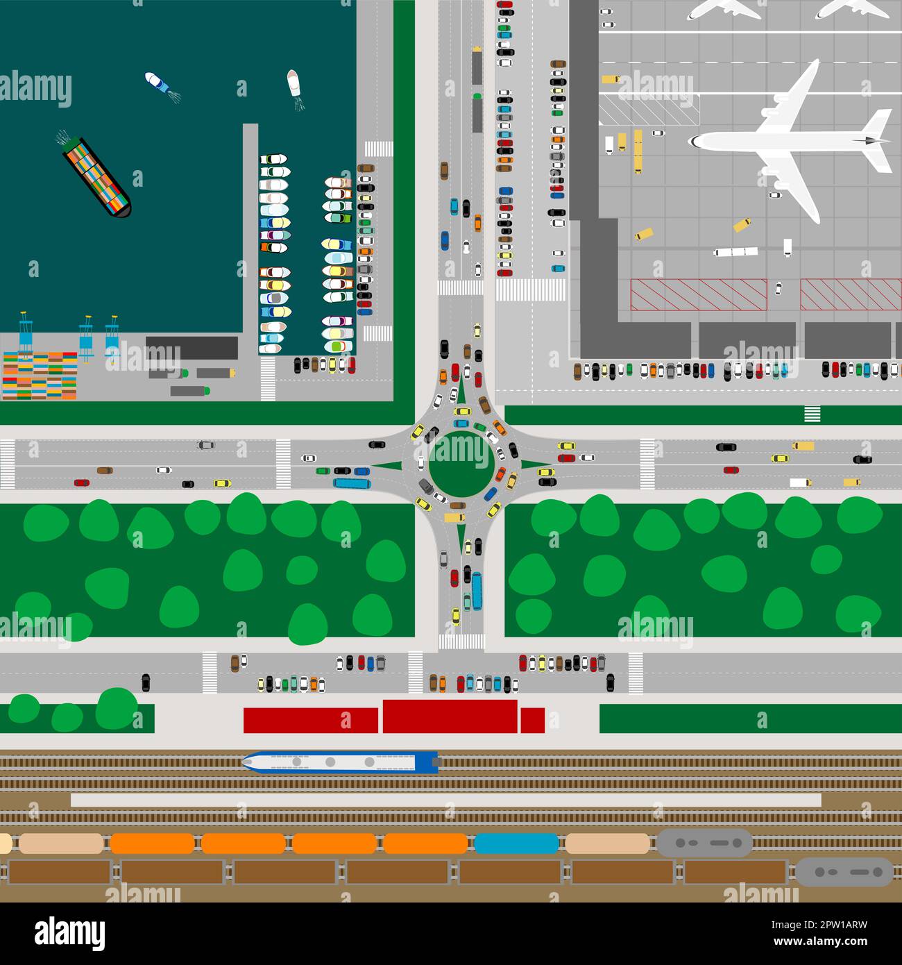 Aerial view of a city. The main means of transporting goods and ...