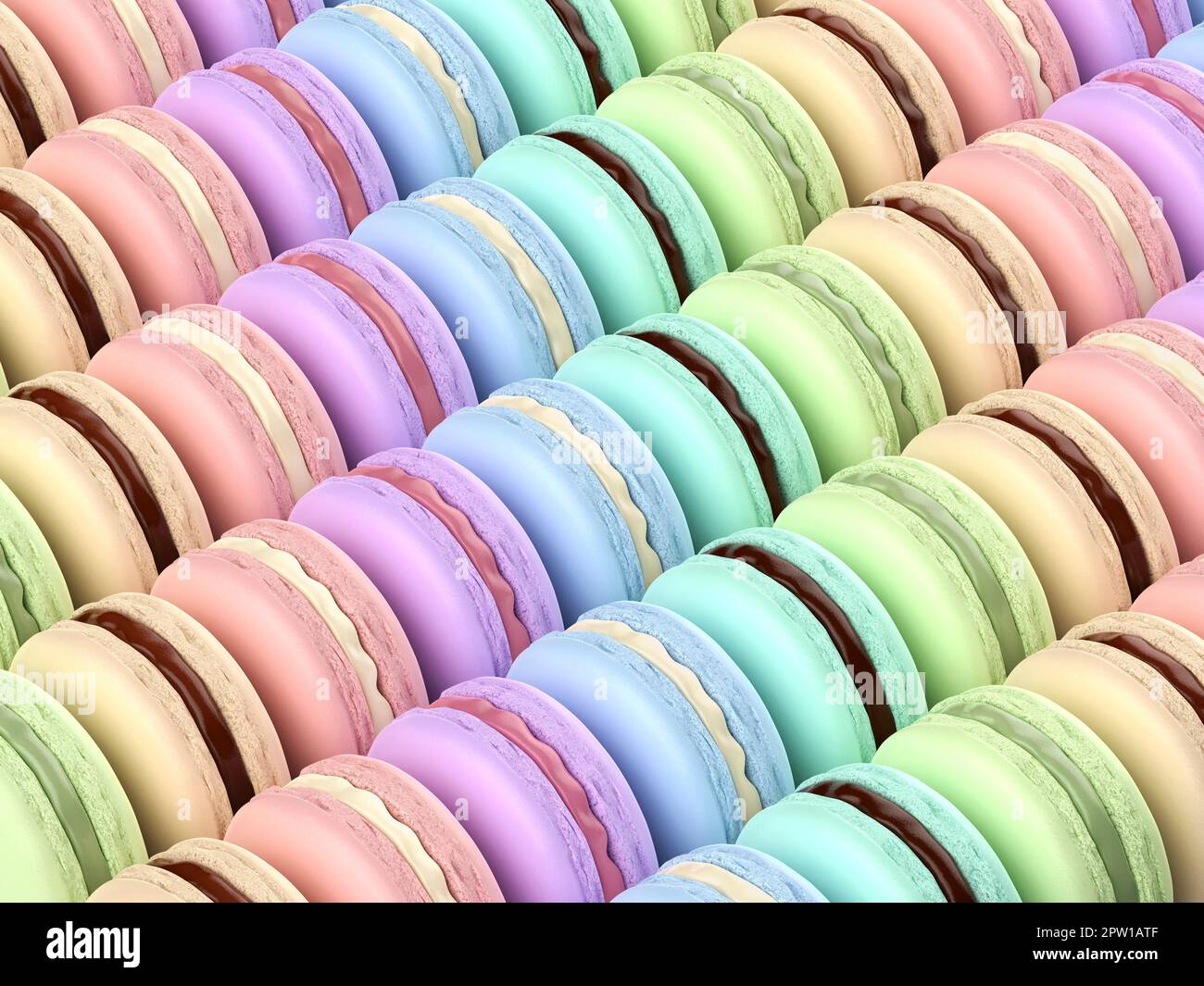 Many rows with french macarons with different colors and flavors Stock ...