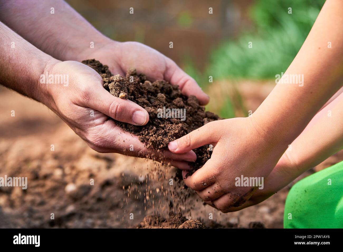 Generations sharing the earth. Father offering soil to his son hands on ...