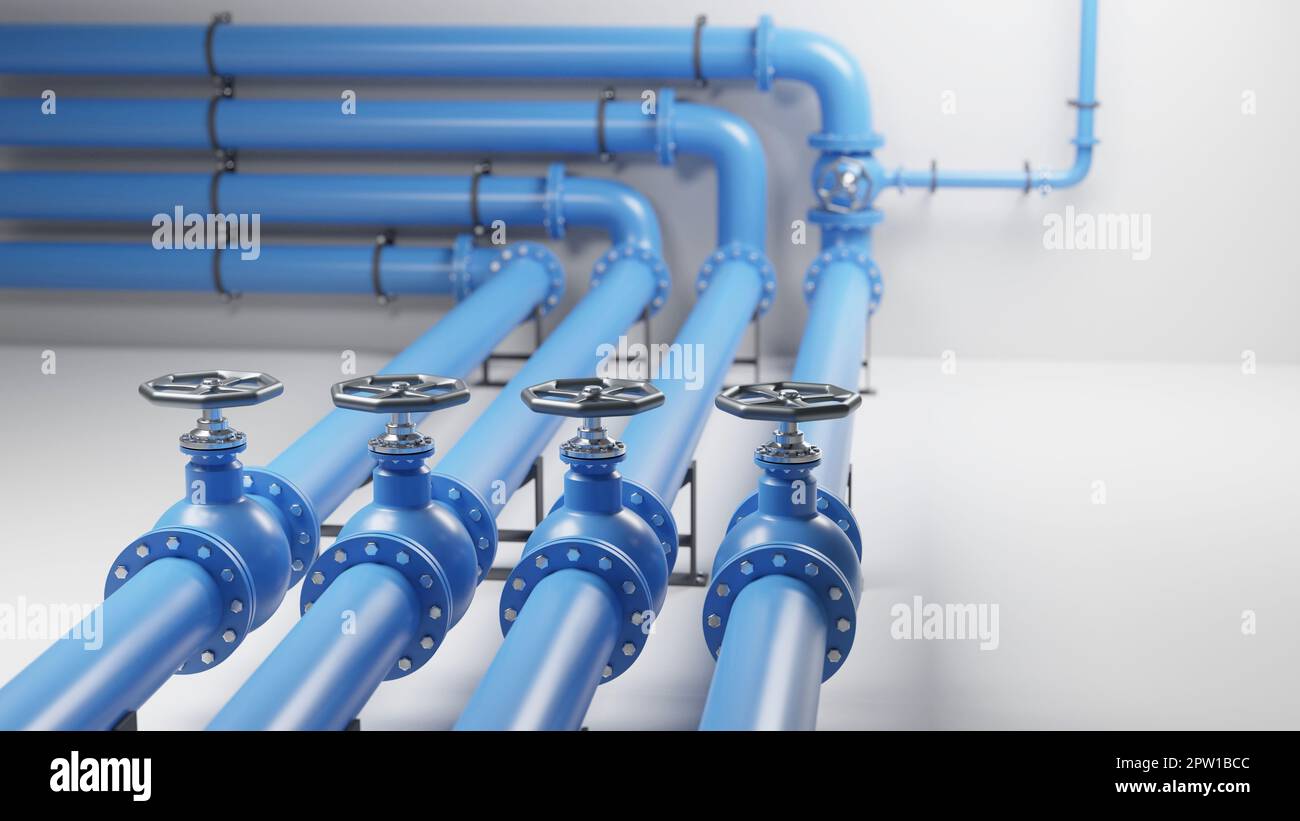 Blue industrial pipelines with valves on white background. Digital 3D ...