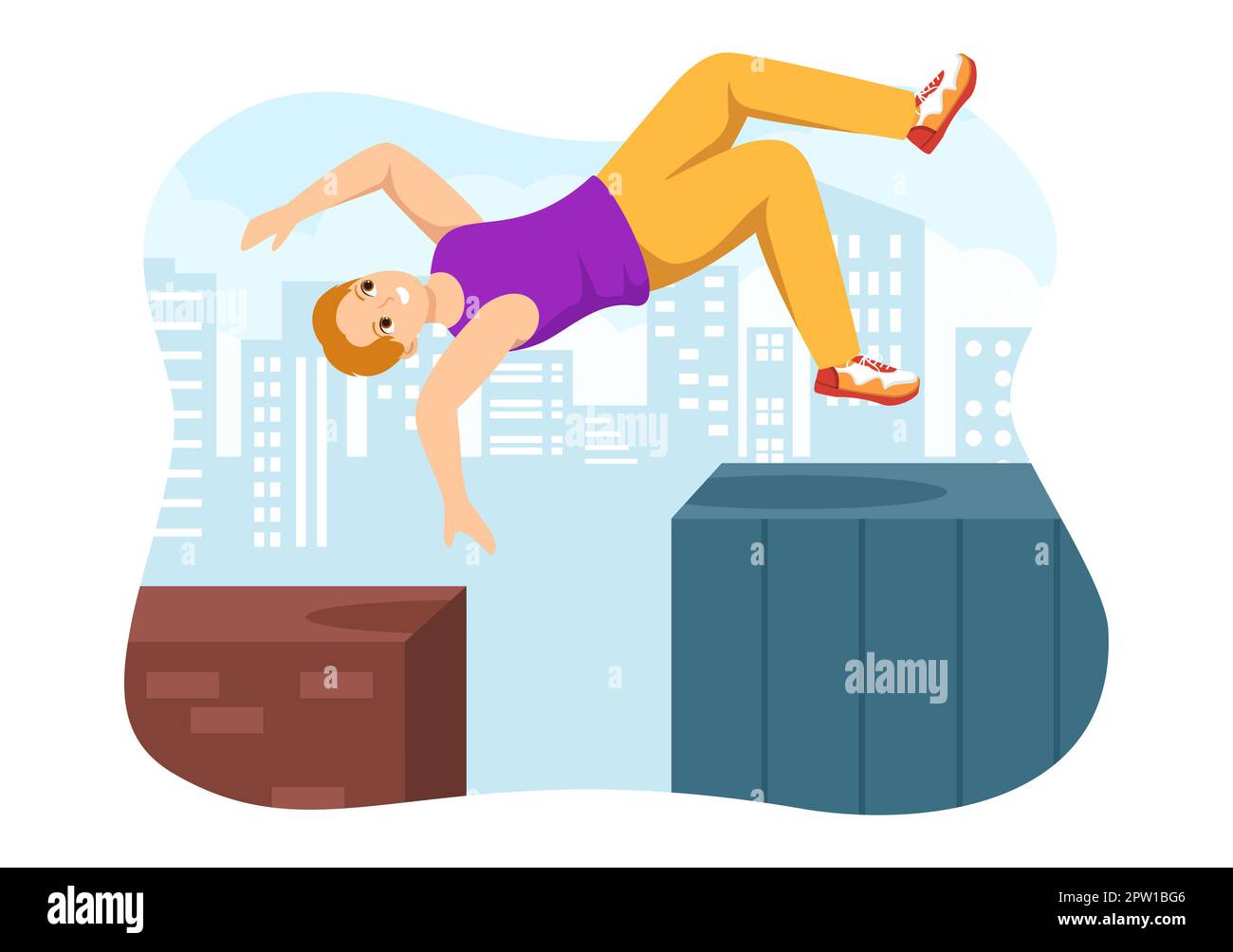 Parkour Sports with Young Men Jumping Over Walls and Barriers in City ...