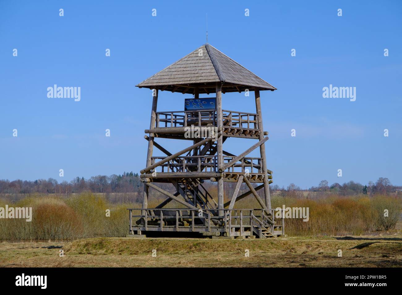 wooden observation tower. The tower has several floors for bird ...
