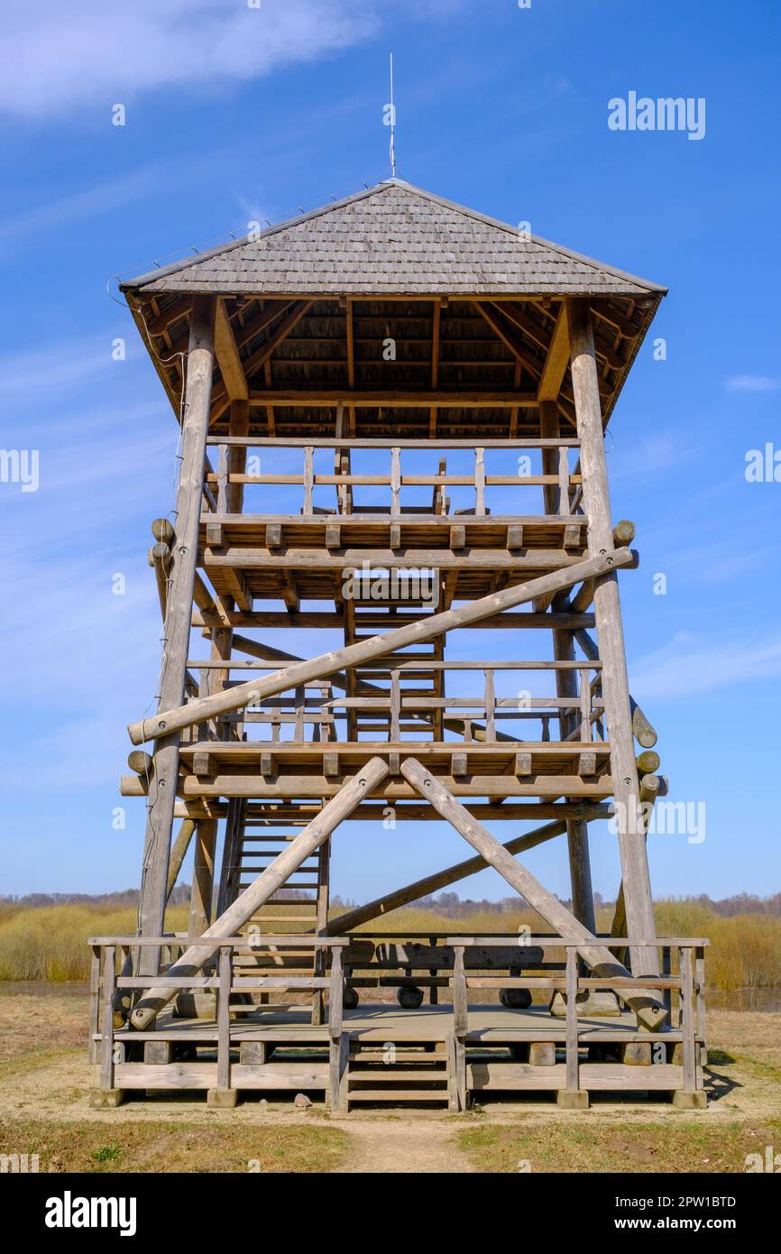 wooden observation tower. The tower has several floors for bird ...
