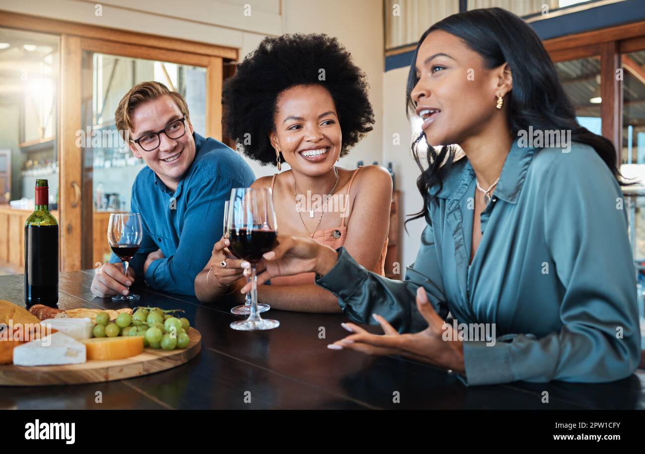 Wine party, friends and happy birthday global luxury party with healthy ...