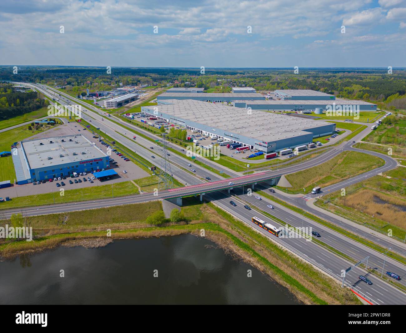 Aerial view of the logistics park with warehouse, loading hub and many ...