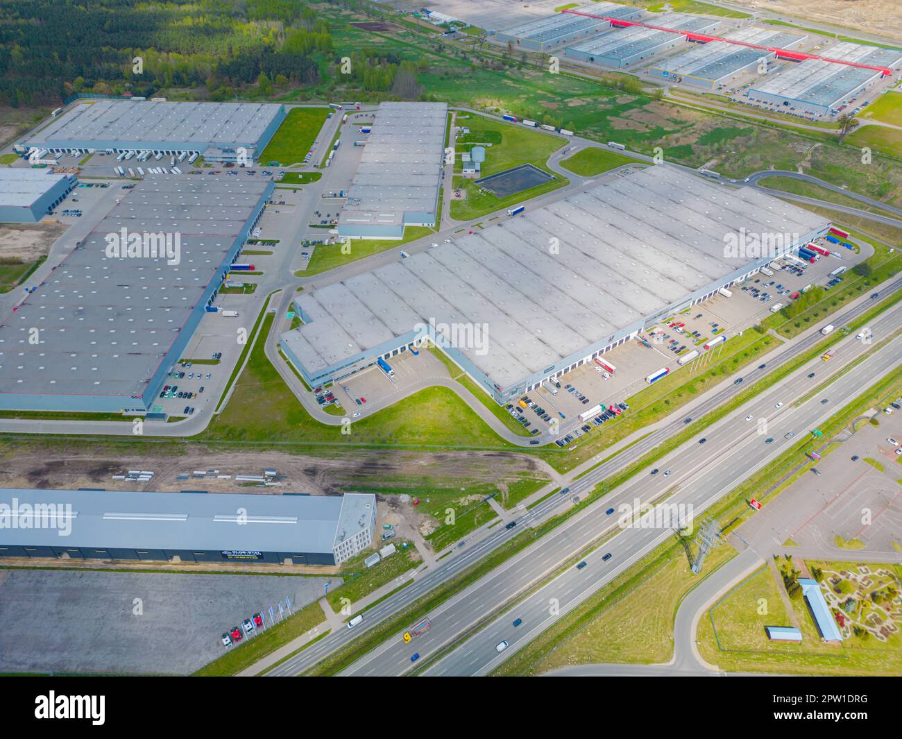 Aerial view of goods warehouse. Logistics center in industrial city ...