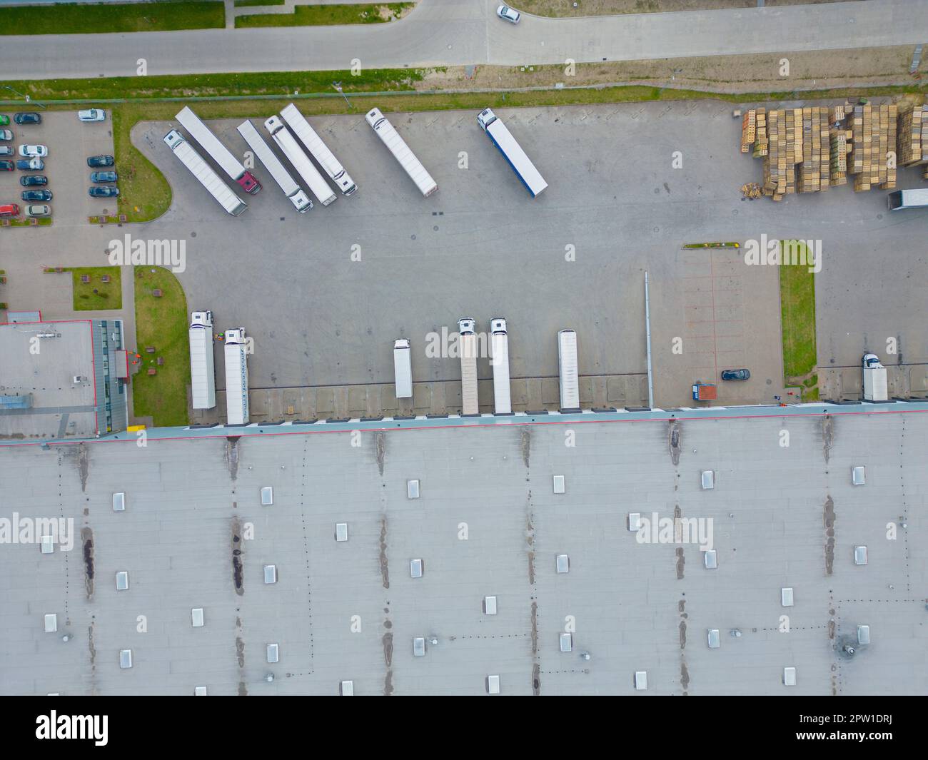 Aerial view of goods warehouse. Logistics center in industrial city ...