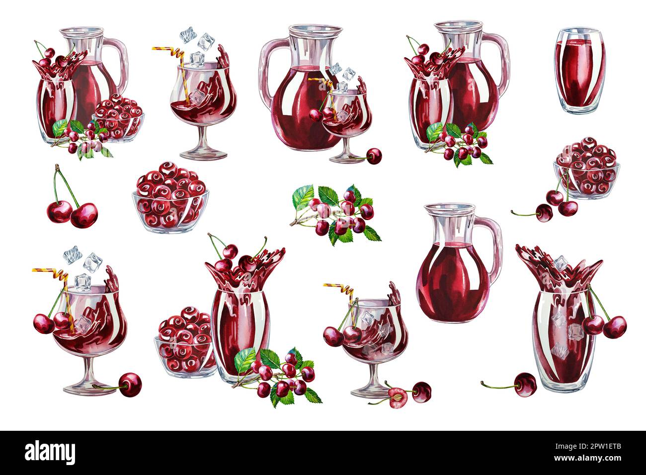 Cherry set. Cherry fruits and cherry juice in a glass and jug ...