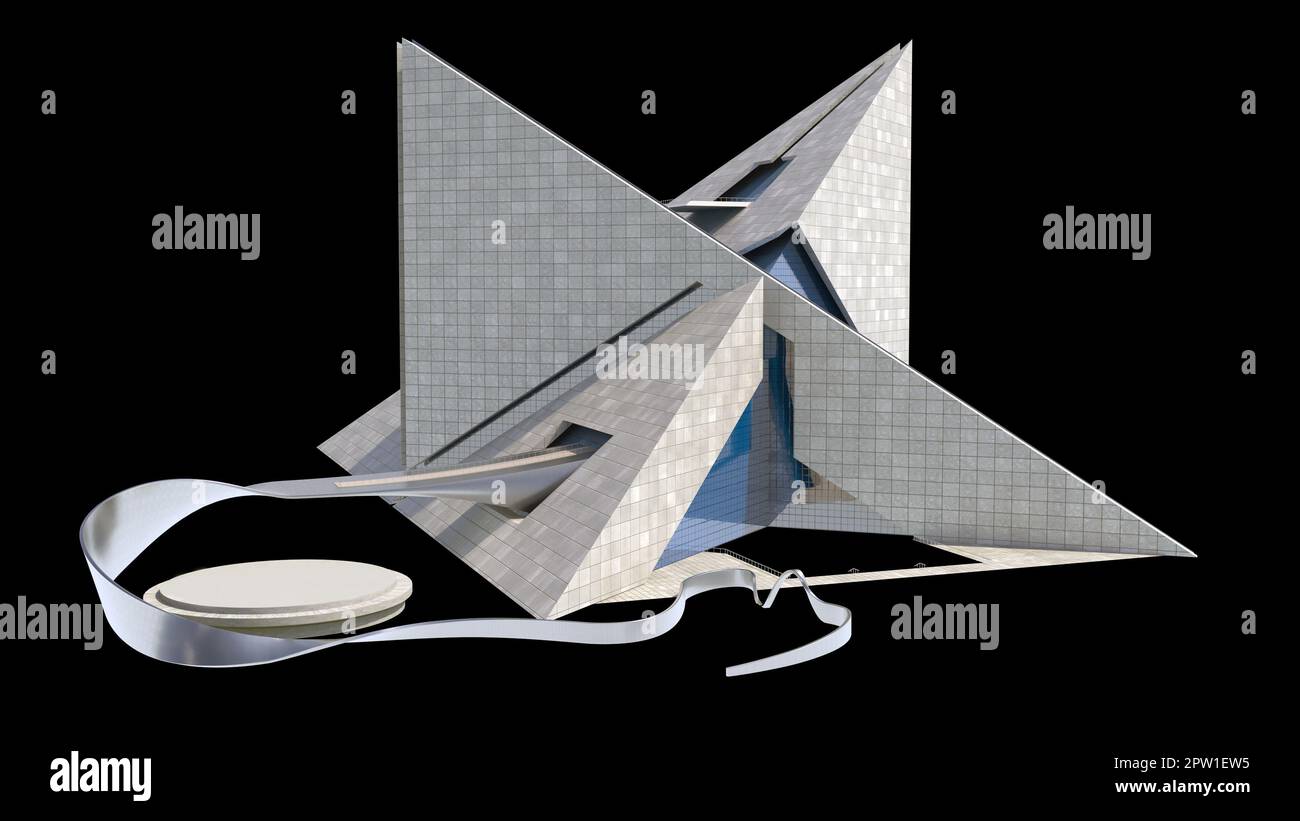 Futuristic architecture with concrete and glass interlocked triangular ...