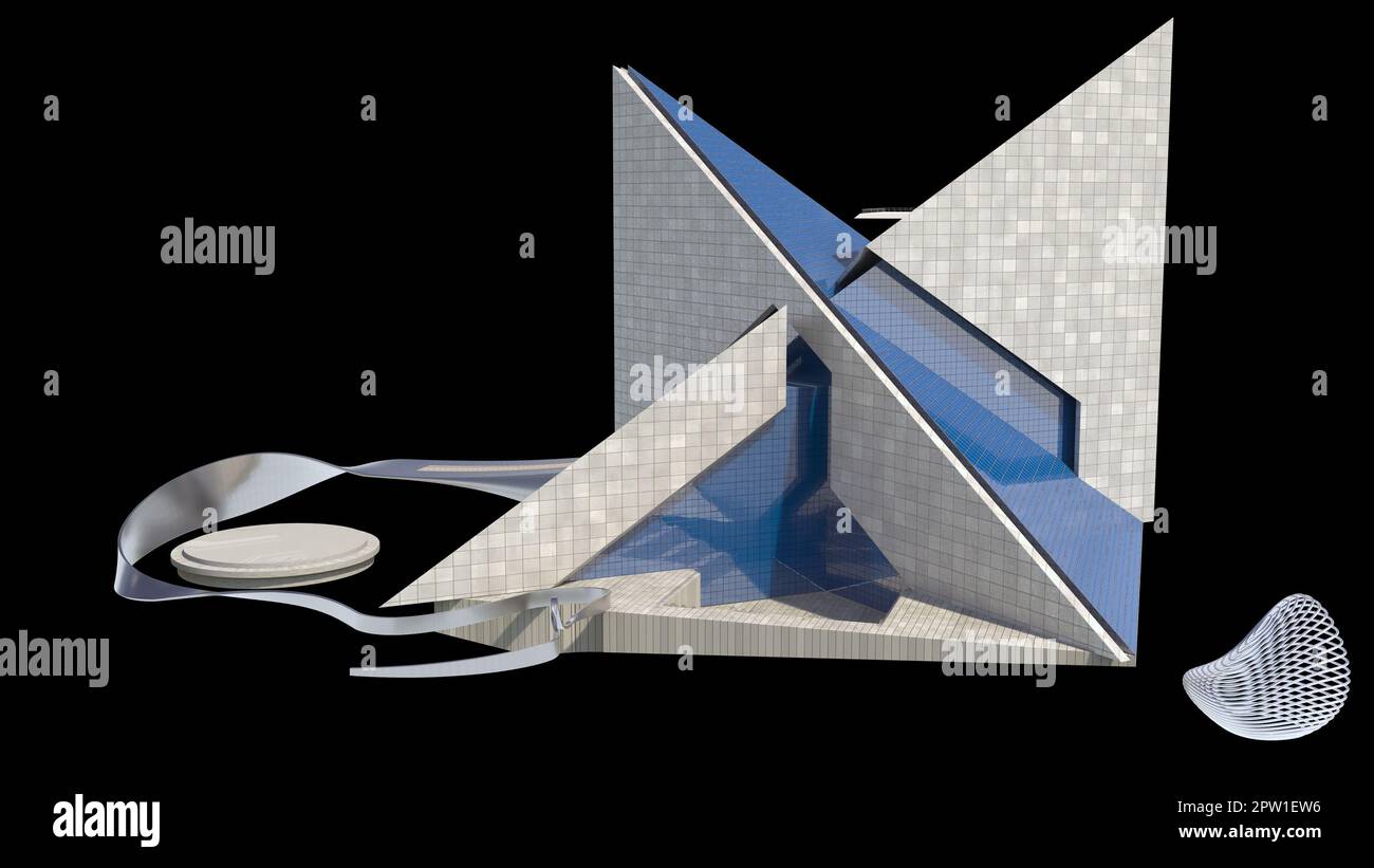 Futuristic architecture with concrete and glass interlocked triangular ...