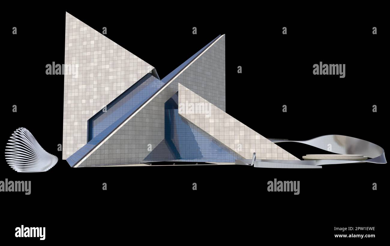 Futuristic architecture with concrete and glass interlocked triangular ...