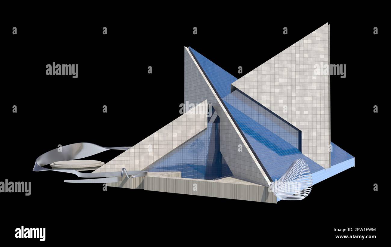 Futuristic architecture with concrete and glass interlocked triangular ...