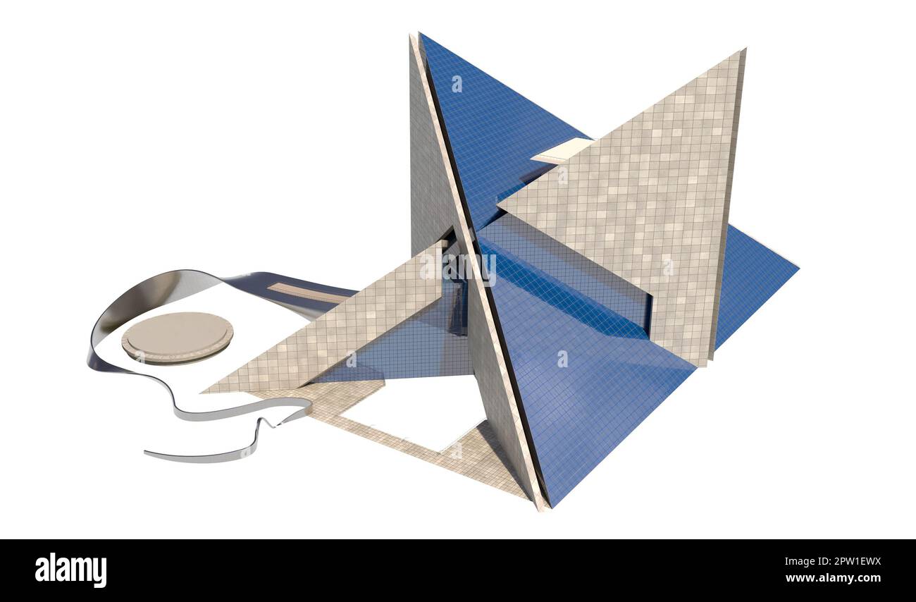 Futuristic architecture with concrete and glass interlocked triangular ...