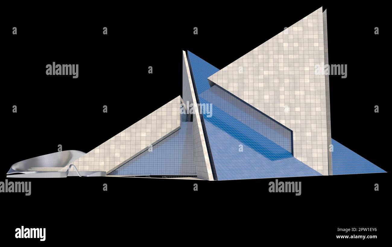 Futuristic architecture with concrete and glass interlocked triangular ...