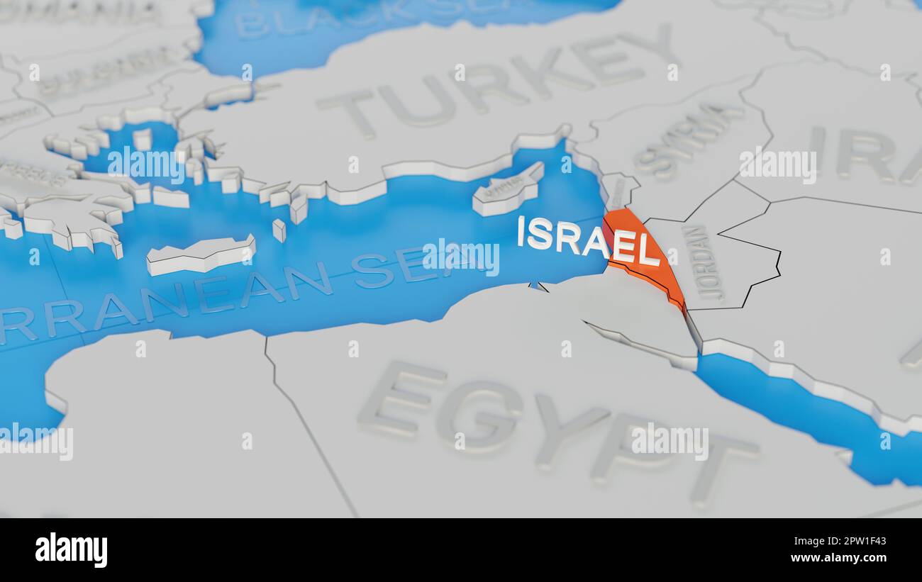 Israel highlighted on a white simplified 3D world map. Digital 3D ...