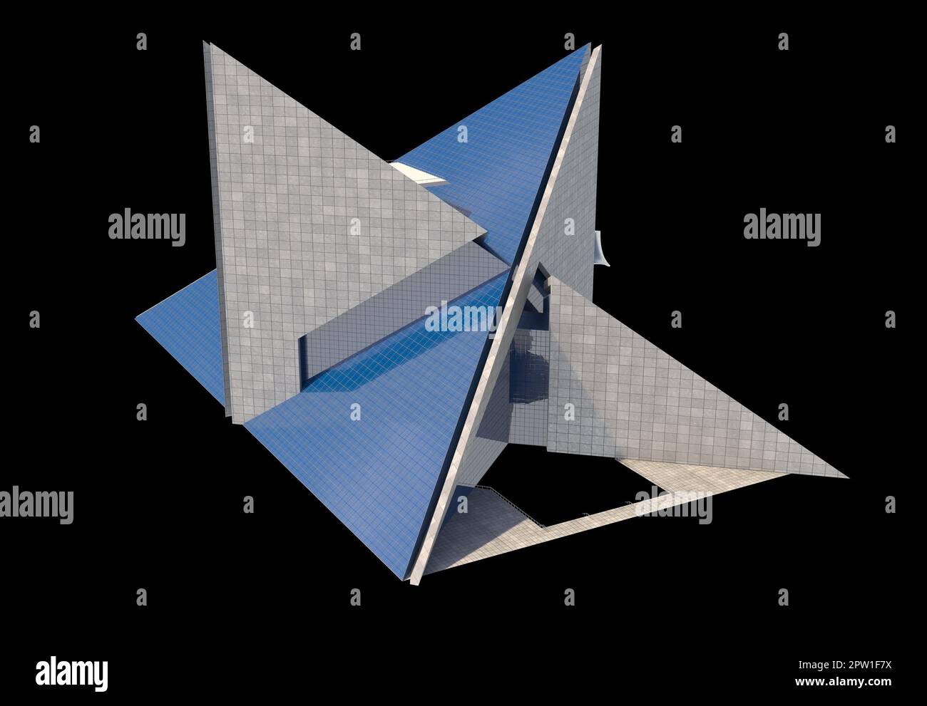 Futuristic architecture with concrete and glass interlocked triangular ...