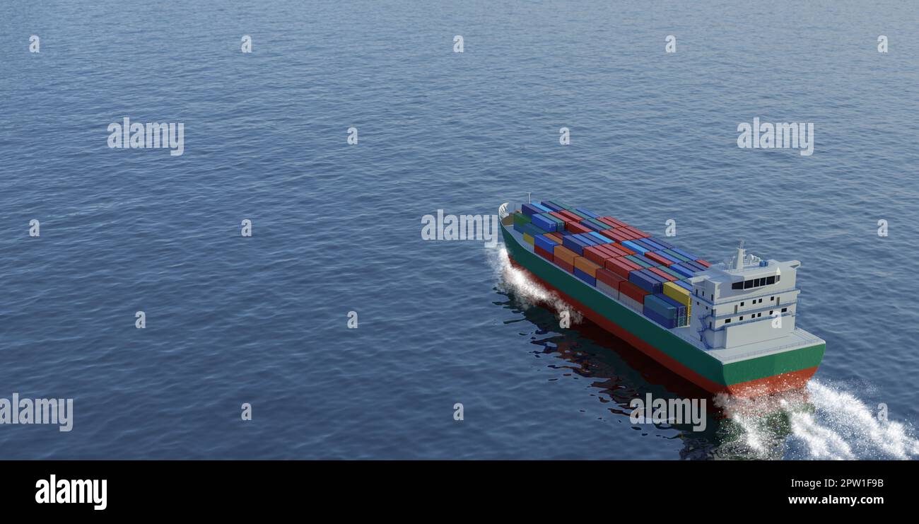 Cargo ship at open sea. Elevated view. Digital 3D render, low poly ...