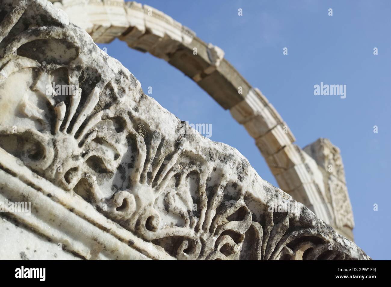 Closeup of Turkey Ephesus arch in an ancient city. Keystone arch with ...