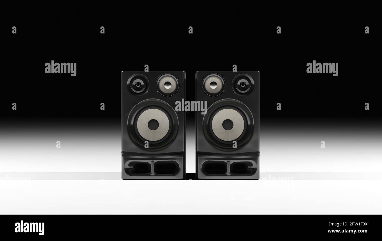 High fidelity stereo loudspeakers on black background. Digital 3D ...