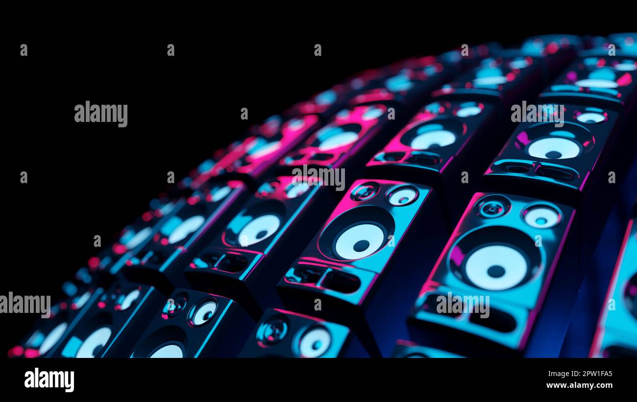 Sphere made of loudspeakers with colorful neon lights. Digital 3D ...