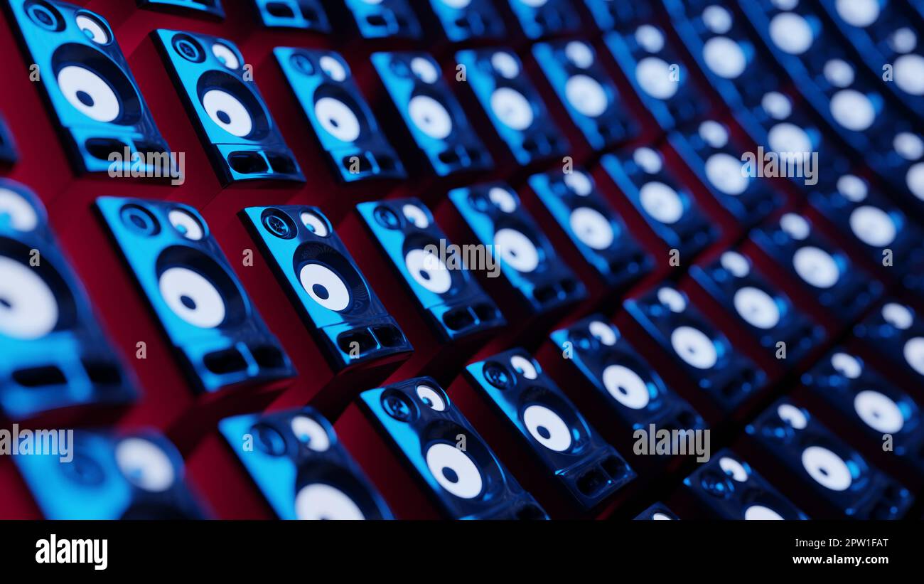 Wall of loudspeakers with colorful neon lights. Digital 3D render Stock ...