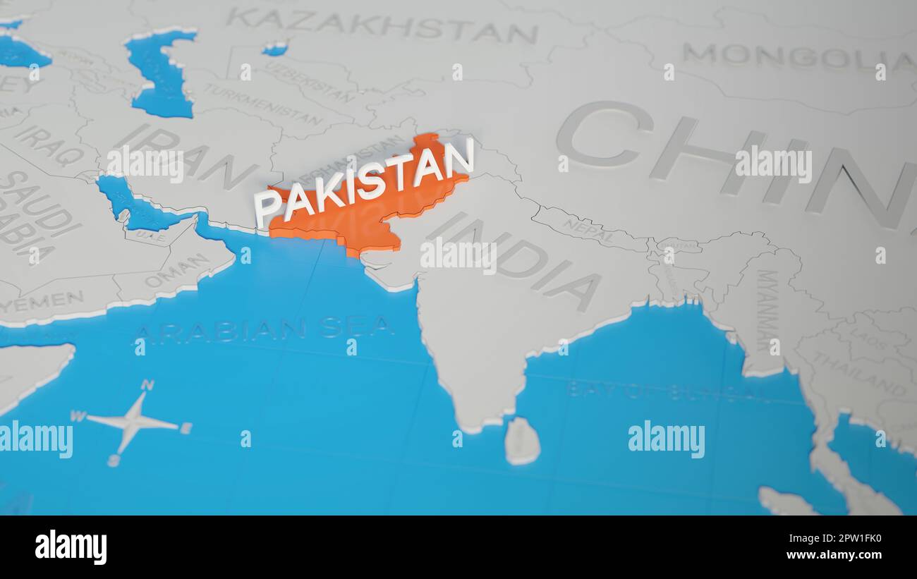 Pakistan highlighted on a white simplified 3D world map. Digital 3D ...
