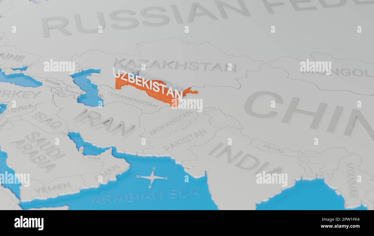 Uzbekistan highlighted on a white simplified 3D world map. Digital 3D ...